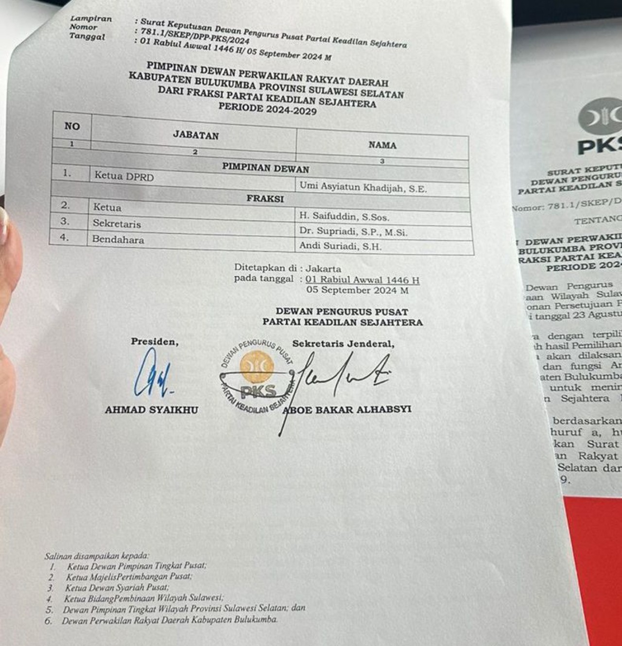 Beredar SK DPP PKS Tunjuk Umy Asyiatun Khadijah Jadi Ketua DPRD Bulukumba Periode 2024-2029 ...